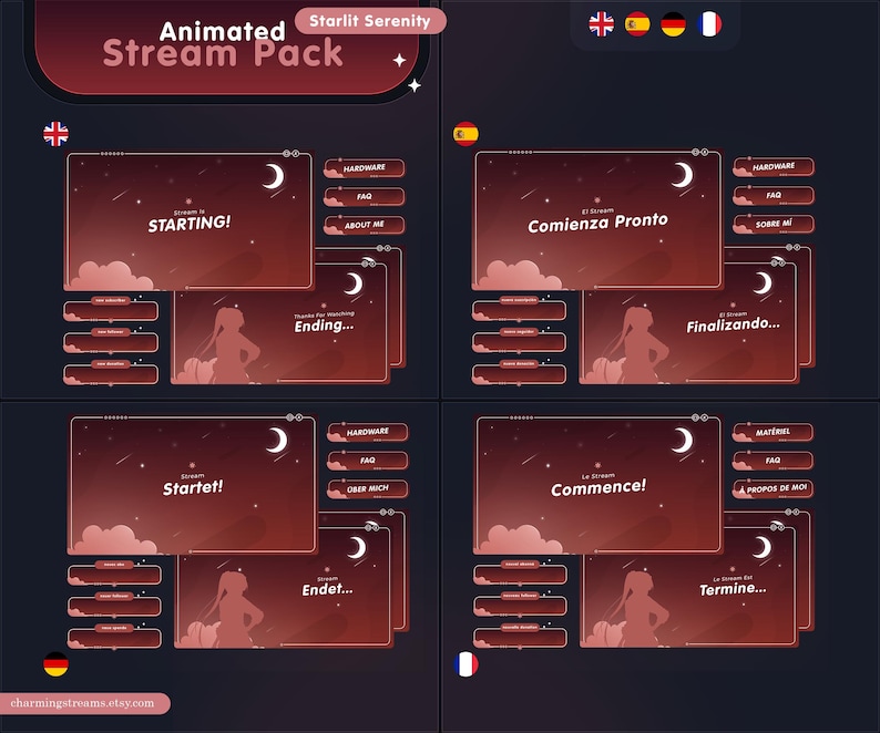 Starlit Serenity Red Stream Pack, Aesthetic Star Moon Themed Twitch ...
