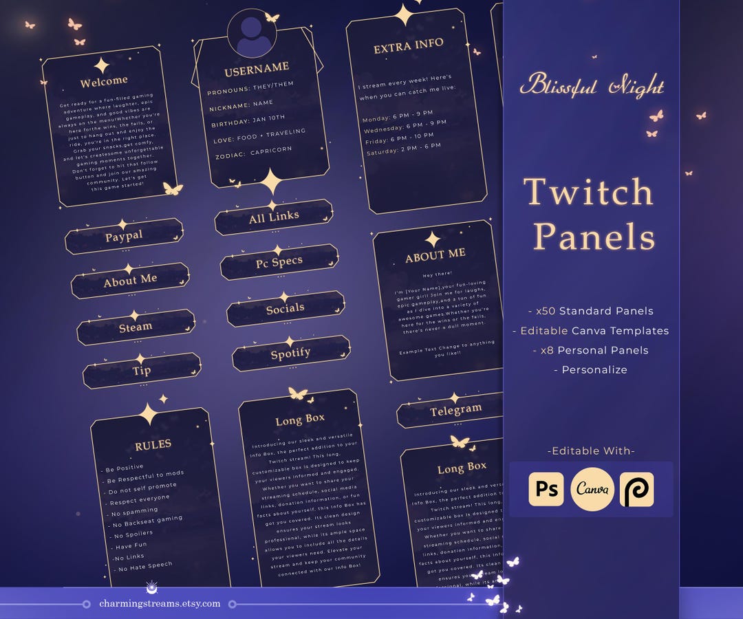 Blissful Night Customizable Panels, Canva, Photopea, Purple Themed ...