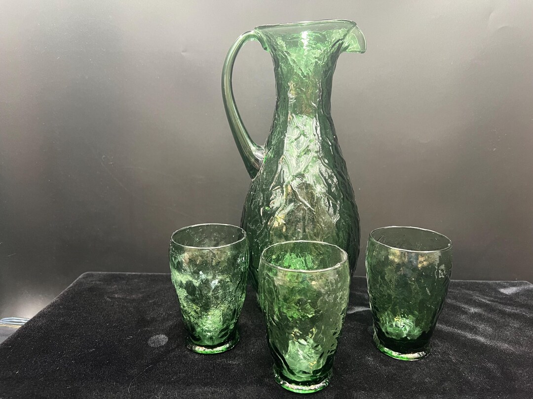 1960s Emerald Green Crinkle Barware Set, Ewer Pitcher (64 Oz) With 3 ...