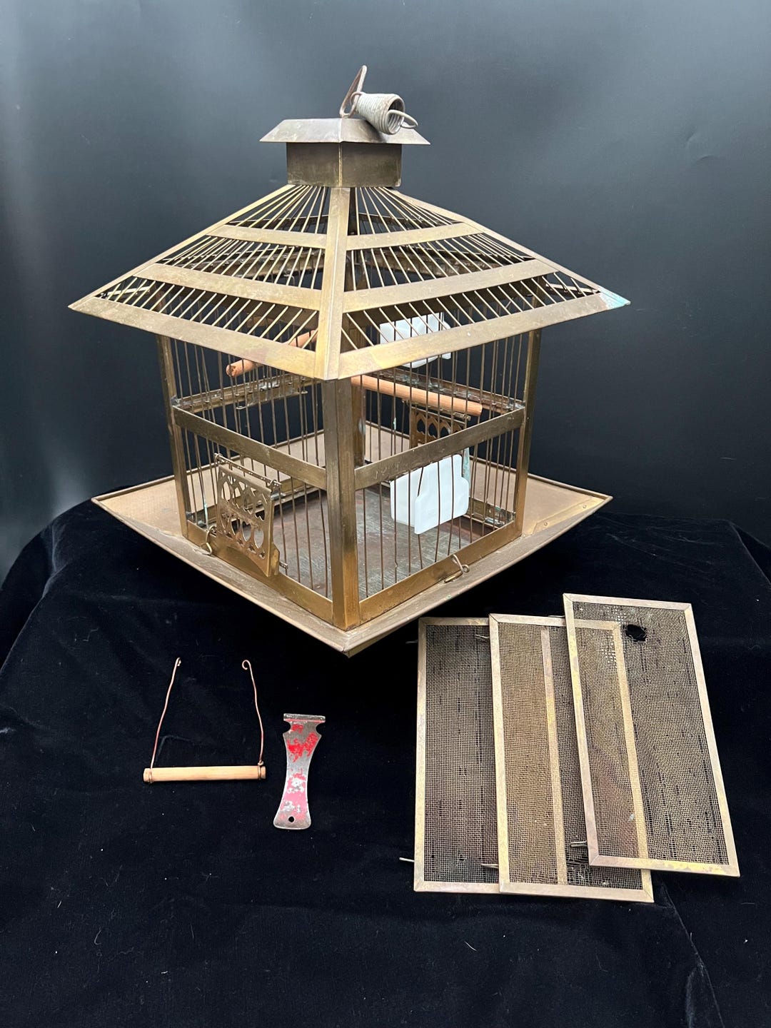 1930s Hendryx Brass Pagoda Bird Cage, Including Original Water ...
