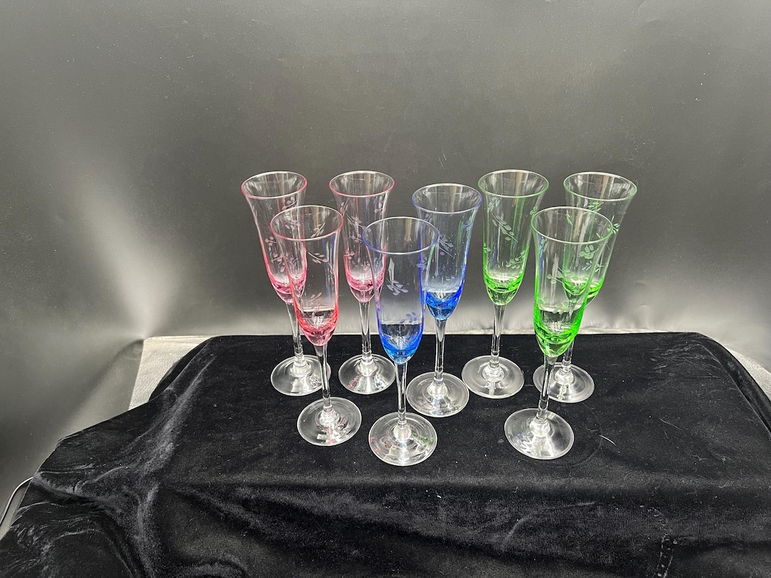Block Crystal Brand. Tall Fluted Champagne Flutes, Floral Etching. Set ...