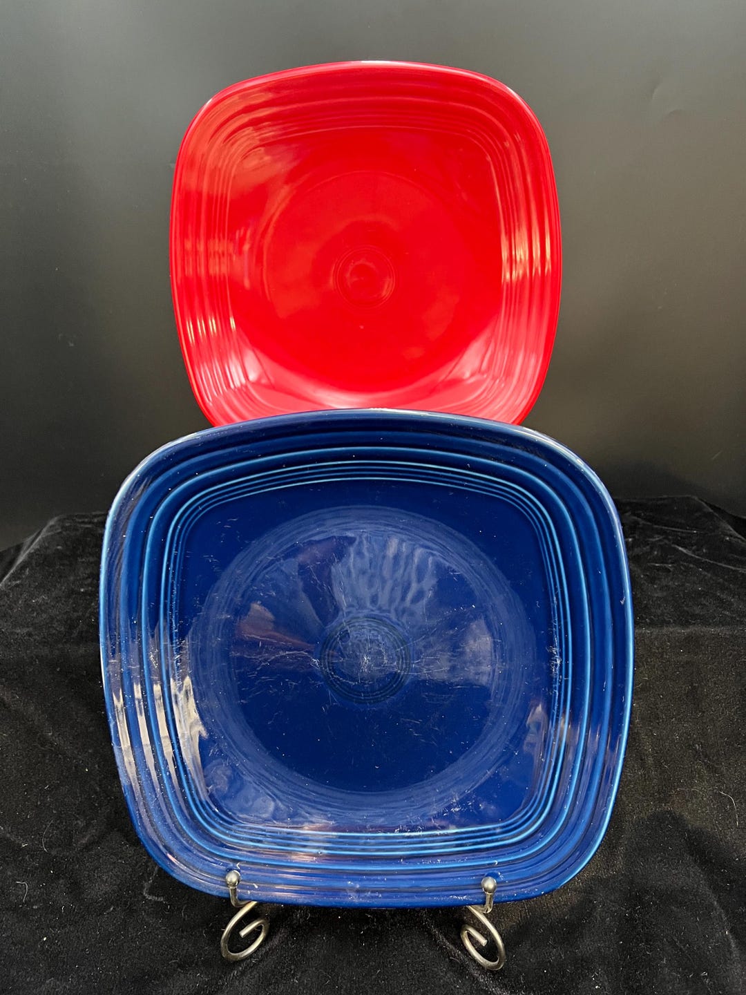 Fiesta Ware Plates: Square Dinner in Cobalt Blue and Scarlet. Vintage ...