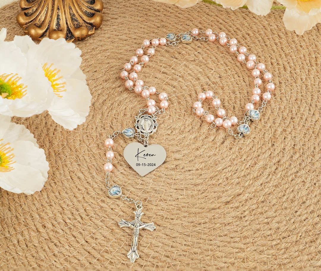 Personalized Pink Pearl Rosary: Baptism Gift, First Communion Keepsake ...