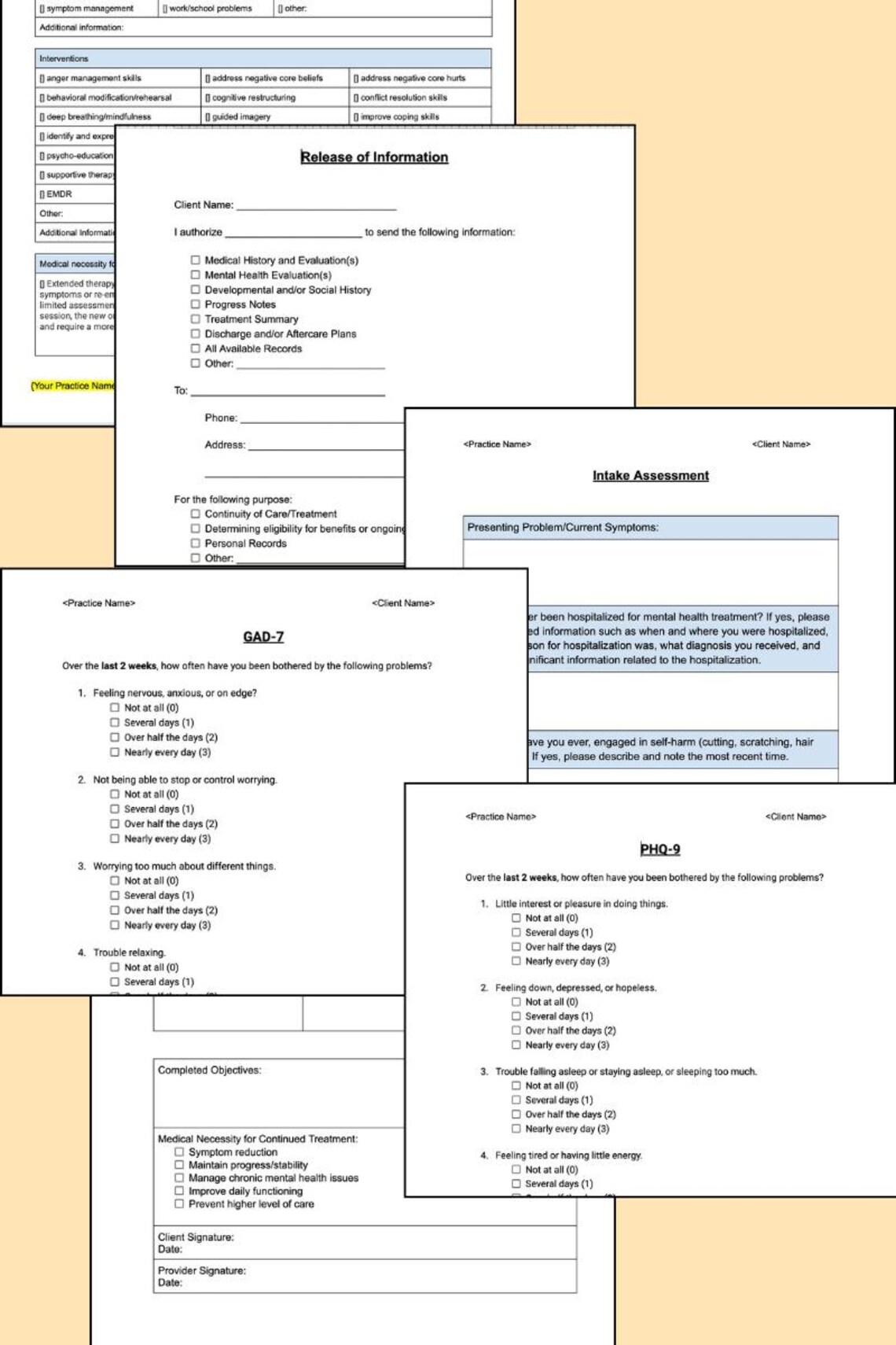 Therapy Private Practice Documents Including Intake, Assessment ...