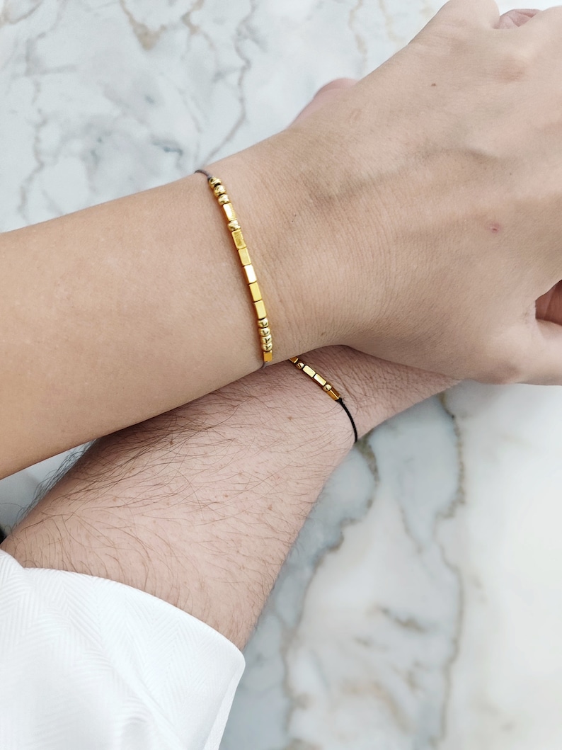 Custom Golden Matching Morse Code Bracelets for Couples With Haematite ...