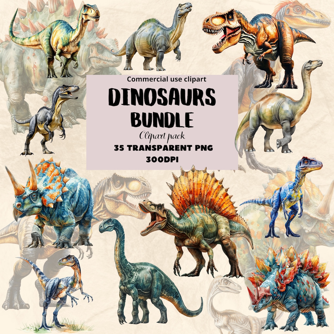 Watercolor Dinosaurs Clipart Bundle 35 PNG Fantasy Magical T-rex ...