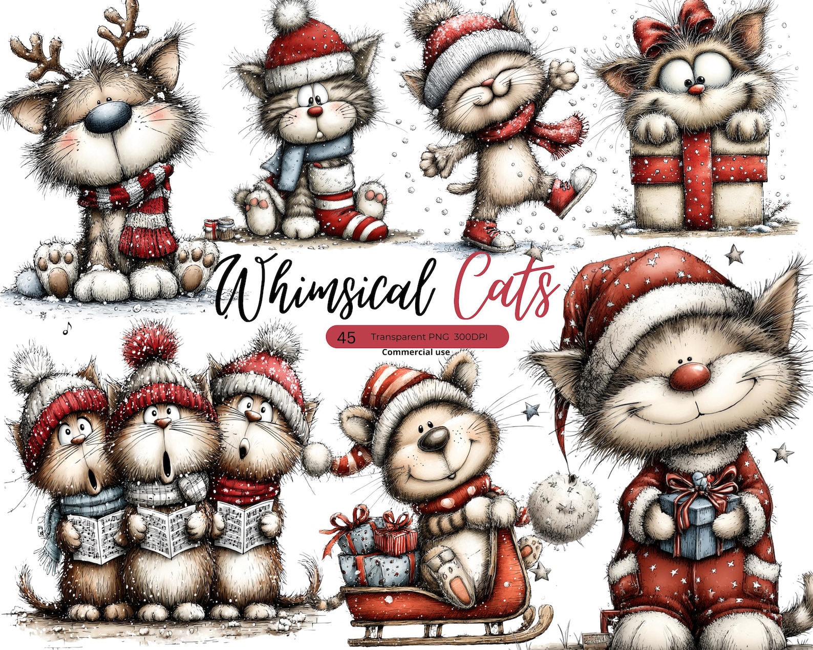 Whimsical Christmas Cats Clipart Bundle, Quirky Festive Holiday ...