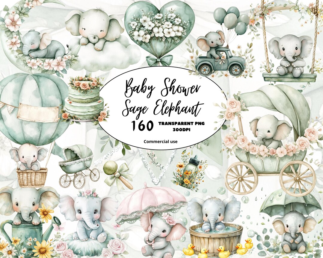 Sage Green Elephant Baby Shower Clipart PNG, Watercolor Cute Baby Boy ...