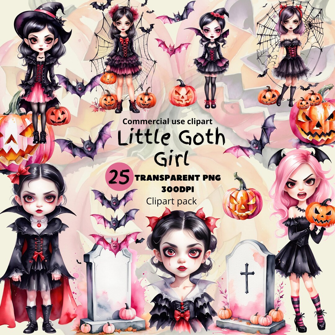 Little Vampire Girl Clipart Bundle, Dark Fantasy Graphics, Gothic Girl ...
