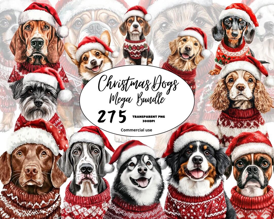 Watercolor Christmas Dogs Clipart Mega Bundle 275 Dog Breeds PNG Images ...