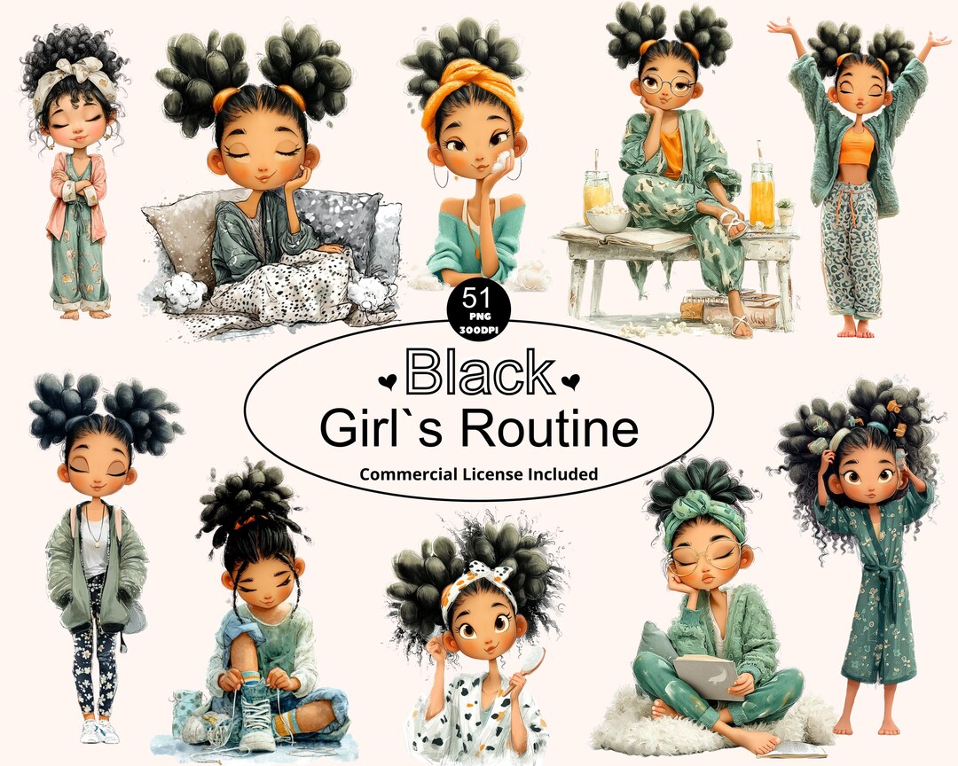 Black Girl Routines Clipart Bundle, Women's Daily Self Care PNG ...