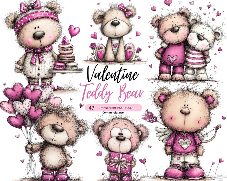 Valentines Pink Teddy Bear Clipart Bundle, Watercolor Love Graphics ...