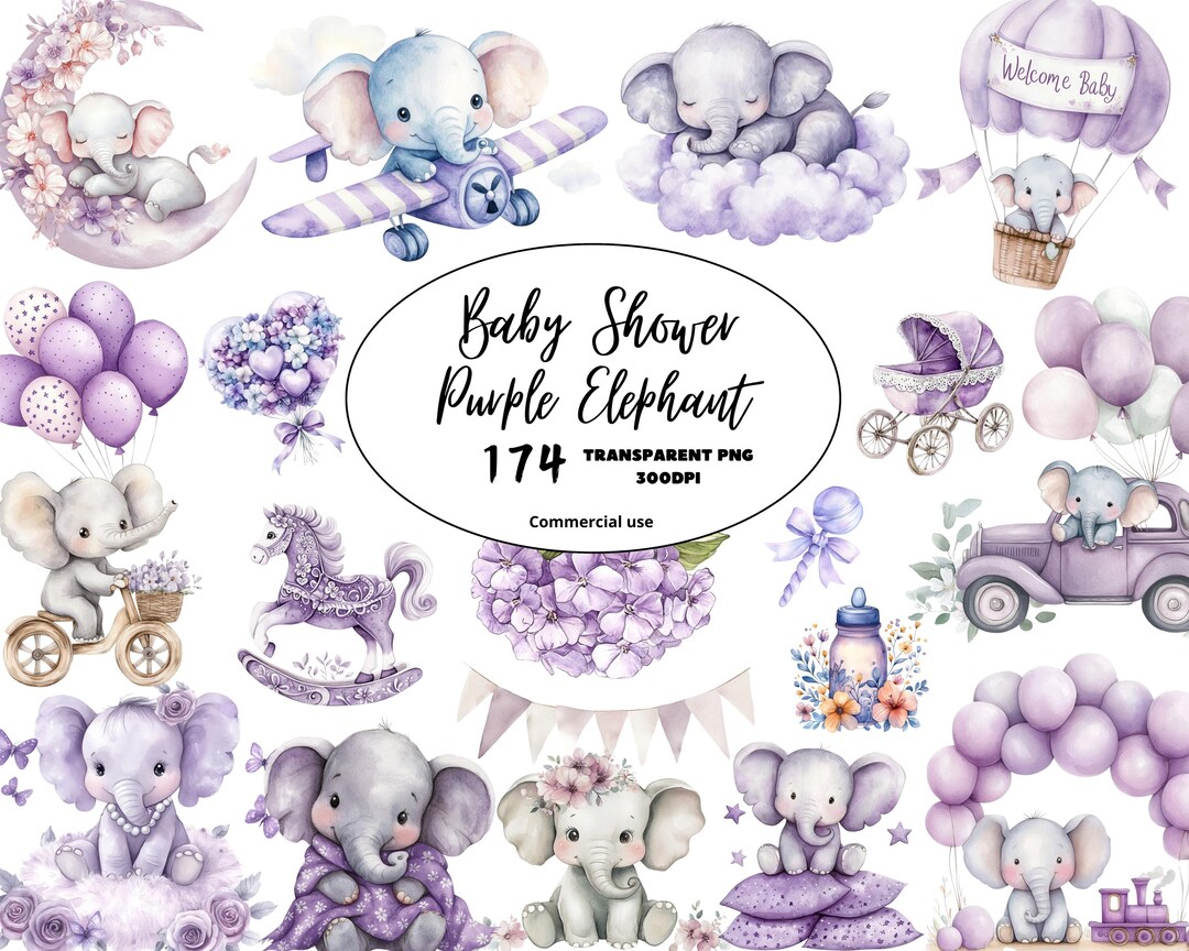 Purple Elephant Baby Shower Clipart PNG, Violet Watercolor Cute Baby ...