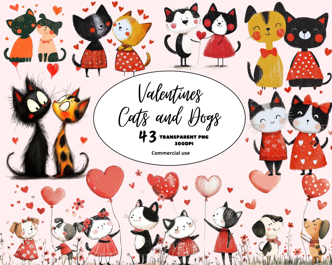 Valentine's Day Lovely Cats Dogs Bundle, Loveful Clipart, Animal Couple ...