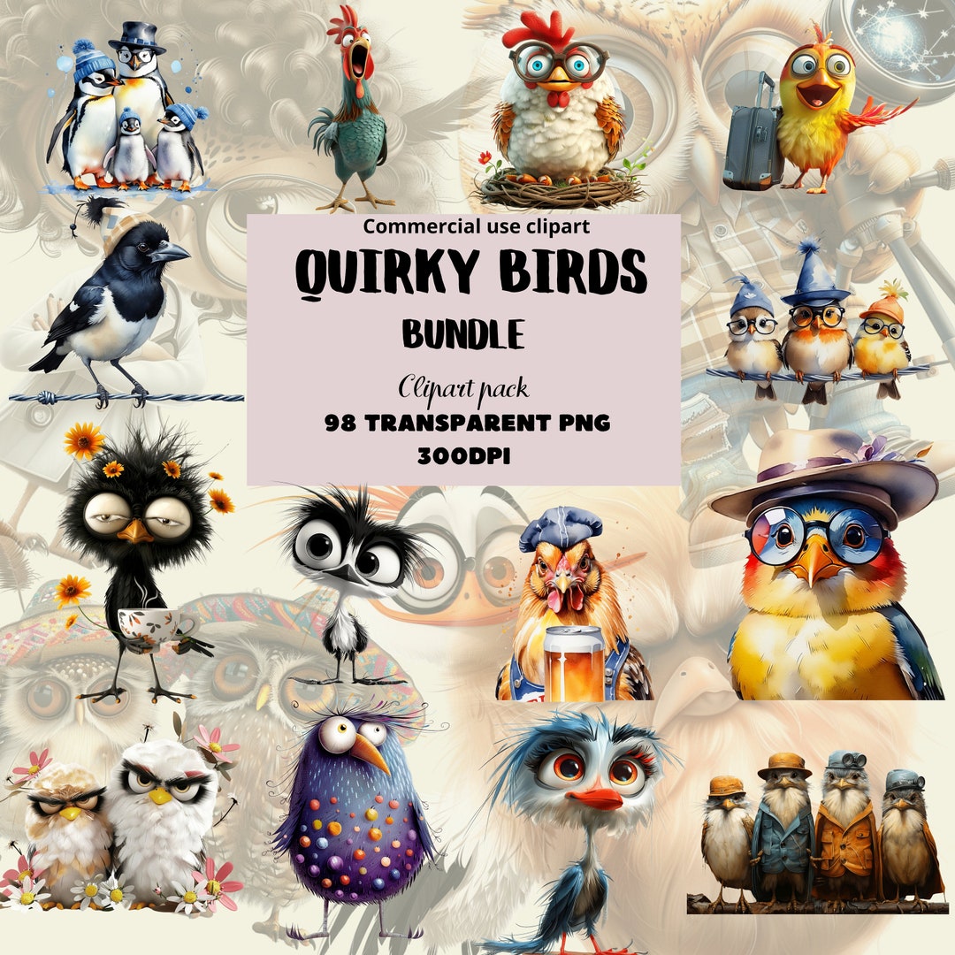 Watercolor Quirky Bird Clipart Bundle, 98 Funny Cute Bird PNG Bundle ...