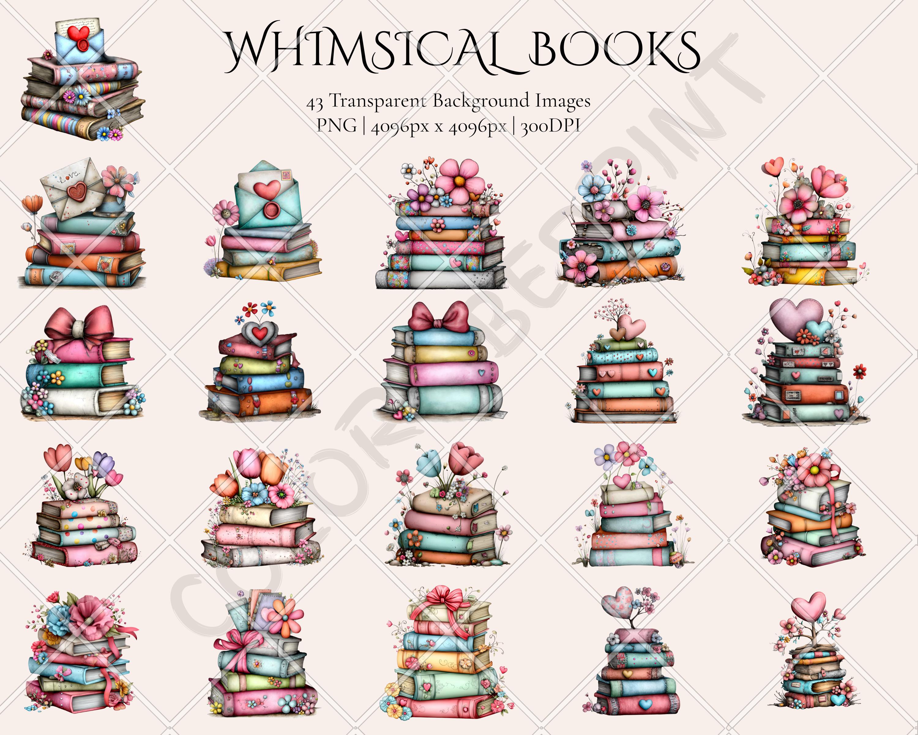 Whimsical Books Clipart Bundle, Spring Book Stack, Watercolor Colorful ...
