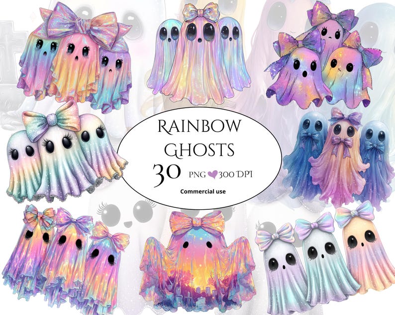 Rainbow Ghost Clipart Bundle, Iridescent Coquette Halloween PNG, Pastel ...