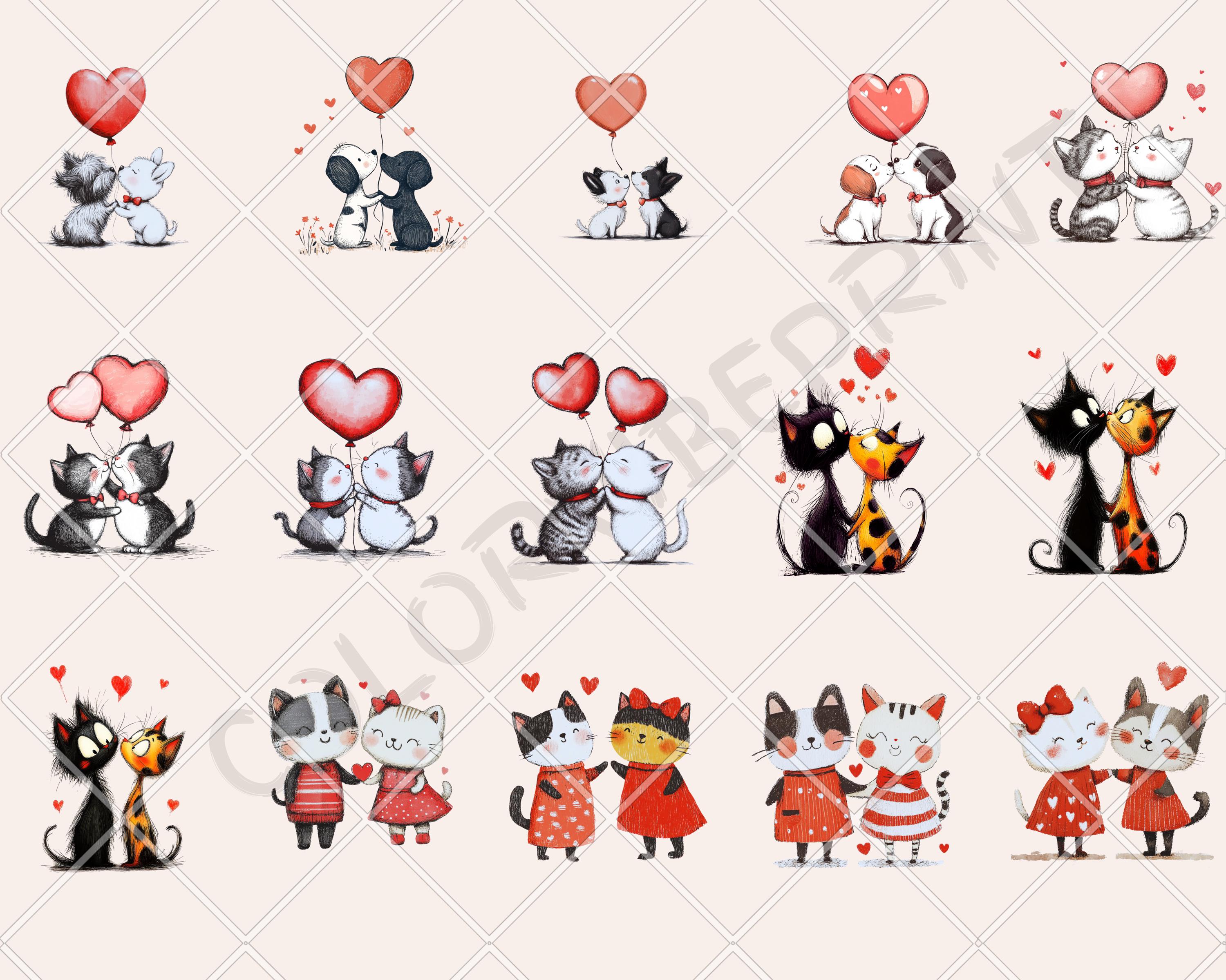 Valentine Cats and Dogs Clipart Bundle, Watercolor Animal PNG (digital ...