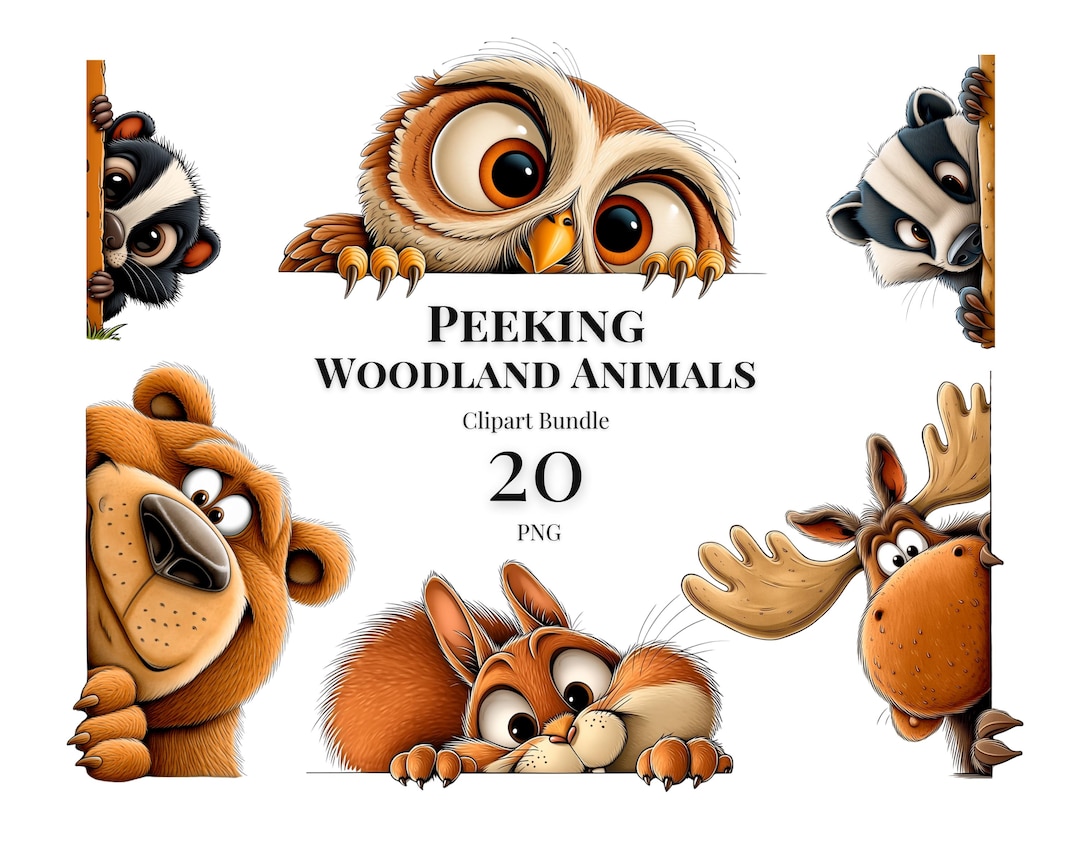 Peeking Woodland Animals Clipart Bundle, Funny Quirky Graphics, 20 PNG ...
