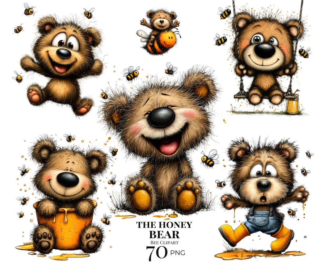 Honey Bear Clipart PNG, Cute Teddy Bear and Bees Bundle, Bumblebee Bear ...