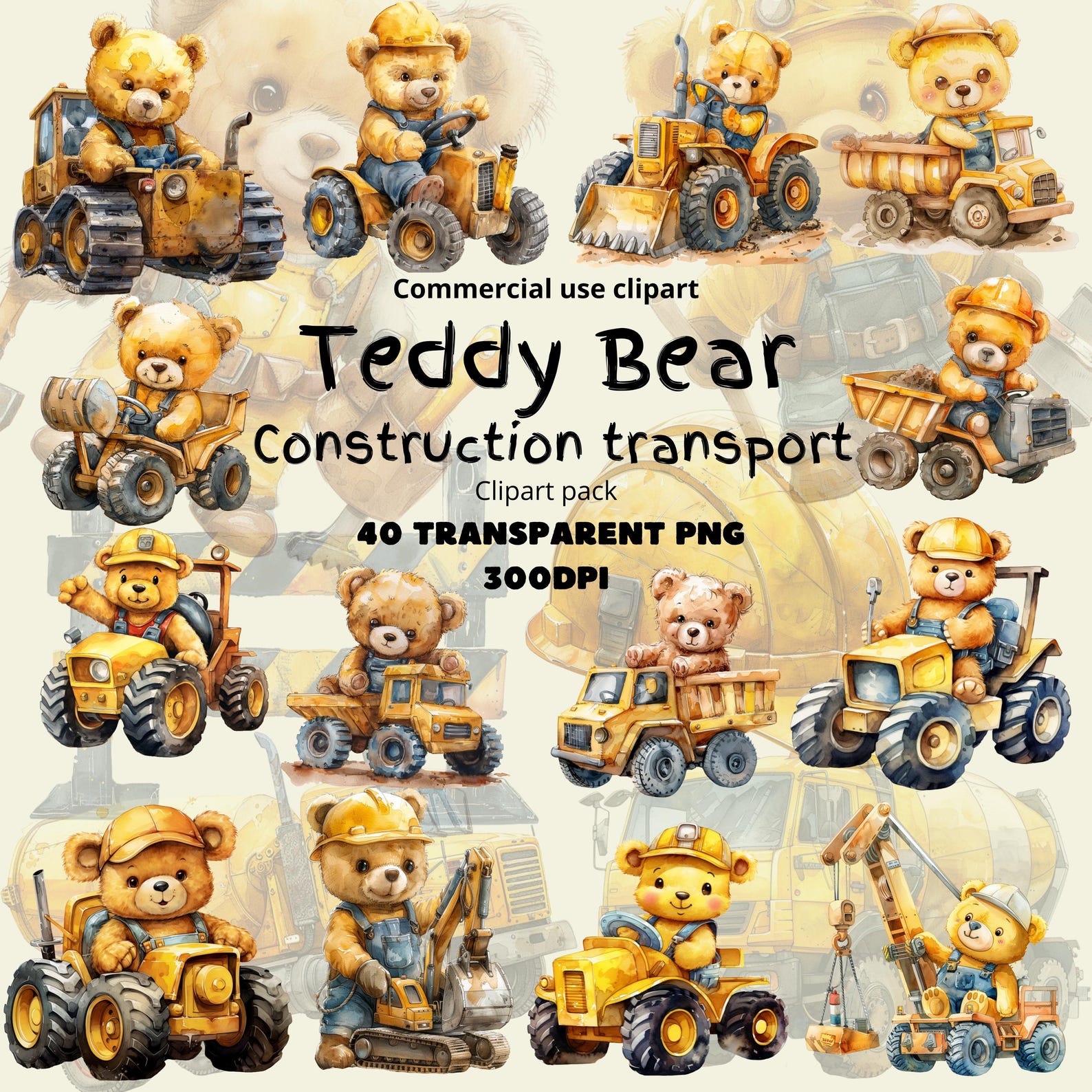 Construction Animals Clipart, Teddy Bear Watercolor, Construction Bear ...
