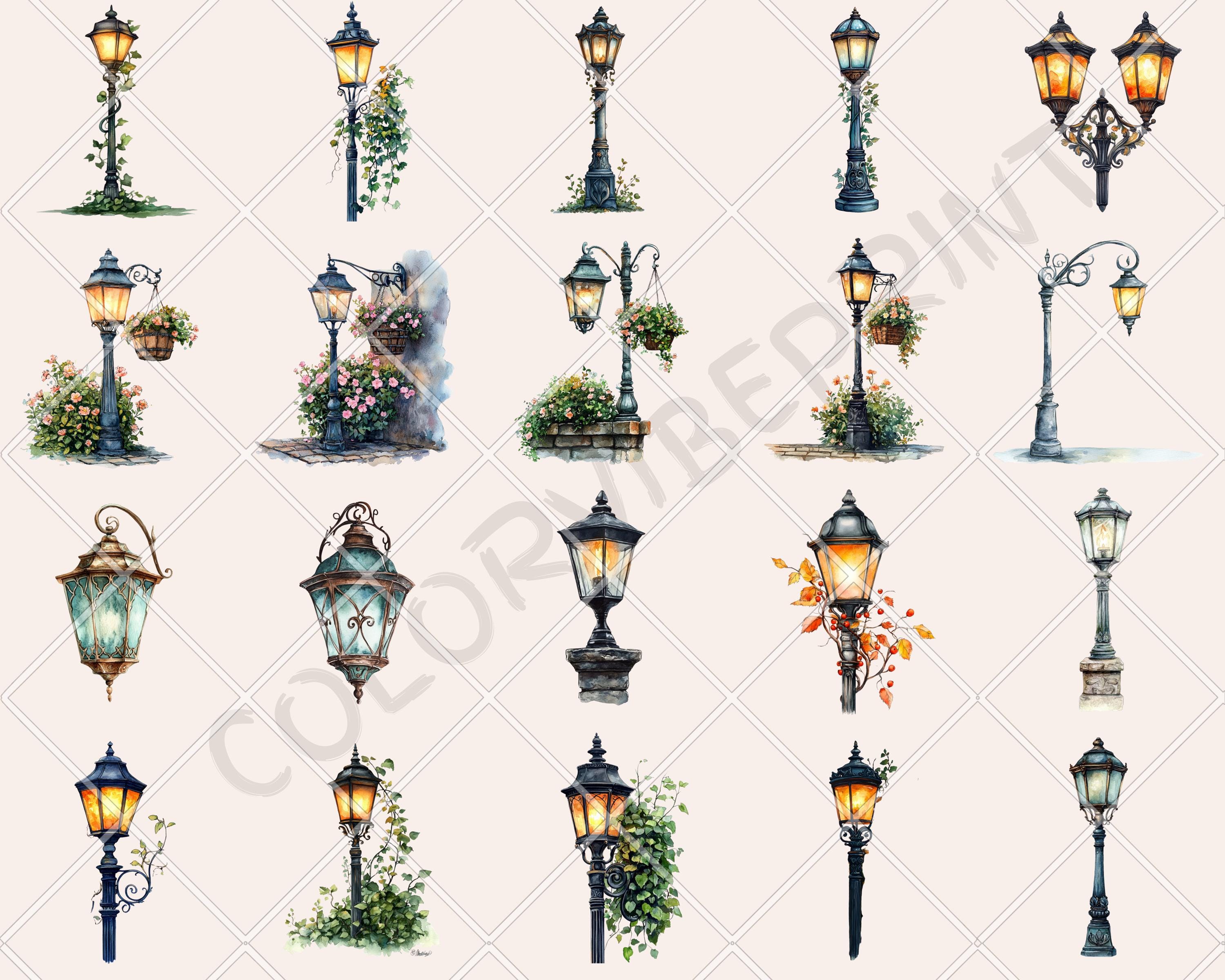 Watercolor Victorian Sreet Lamp Post Clipart Bundle, Vintage Lamp PNG ...