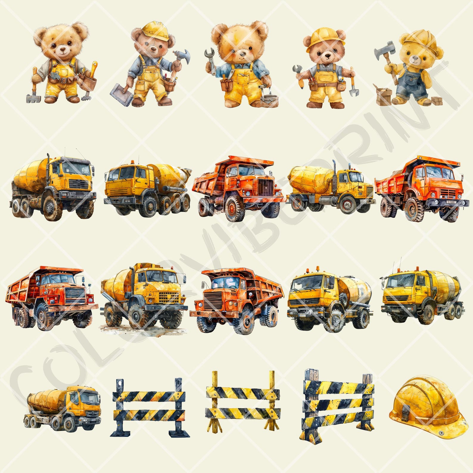 Construction Animals Clipart, Teddy Bear Watercolor, Construction Bear ...