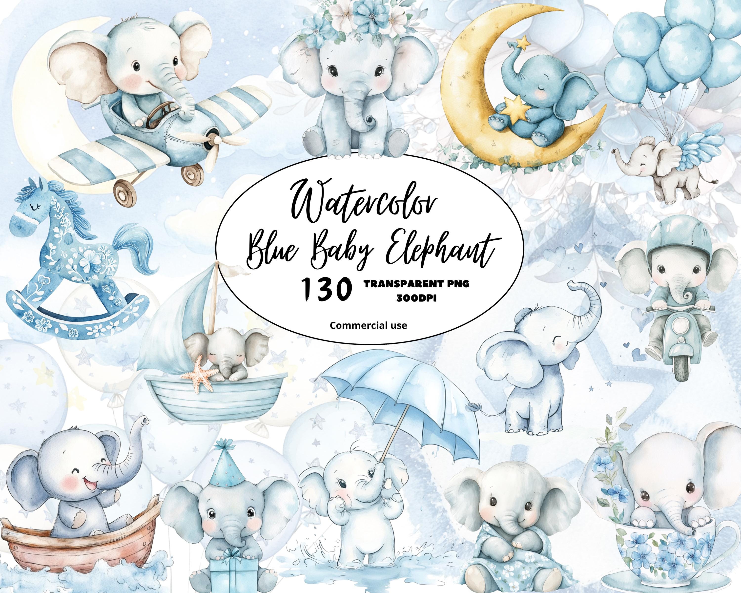 Watercolor Blue Elephant Baby Shower Clipart Bundle, Cute Baby Boy ...
