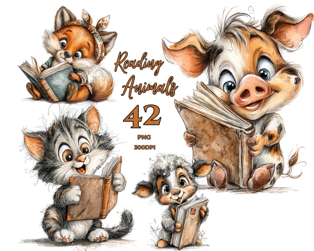 Reading Woodland Animals Clipart, Cute Storybook Animal PNG for Nursery ...