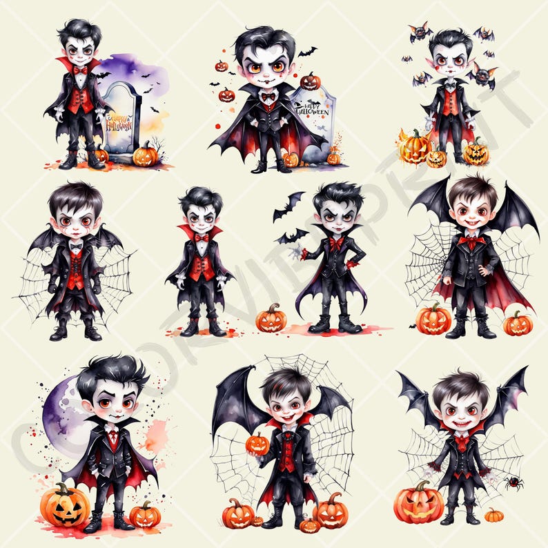 Little Vampire Boys Halloween Clipart, 20 PNG, Haunting Clipart ...