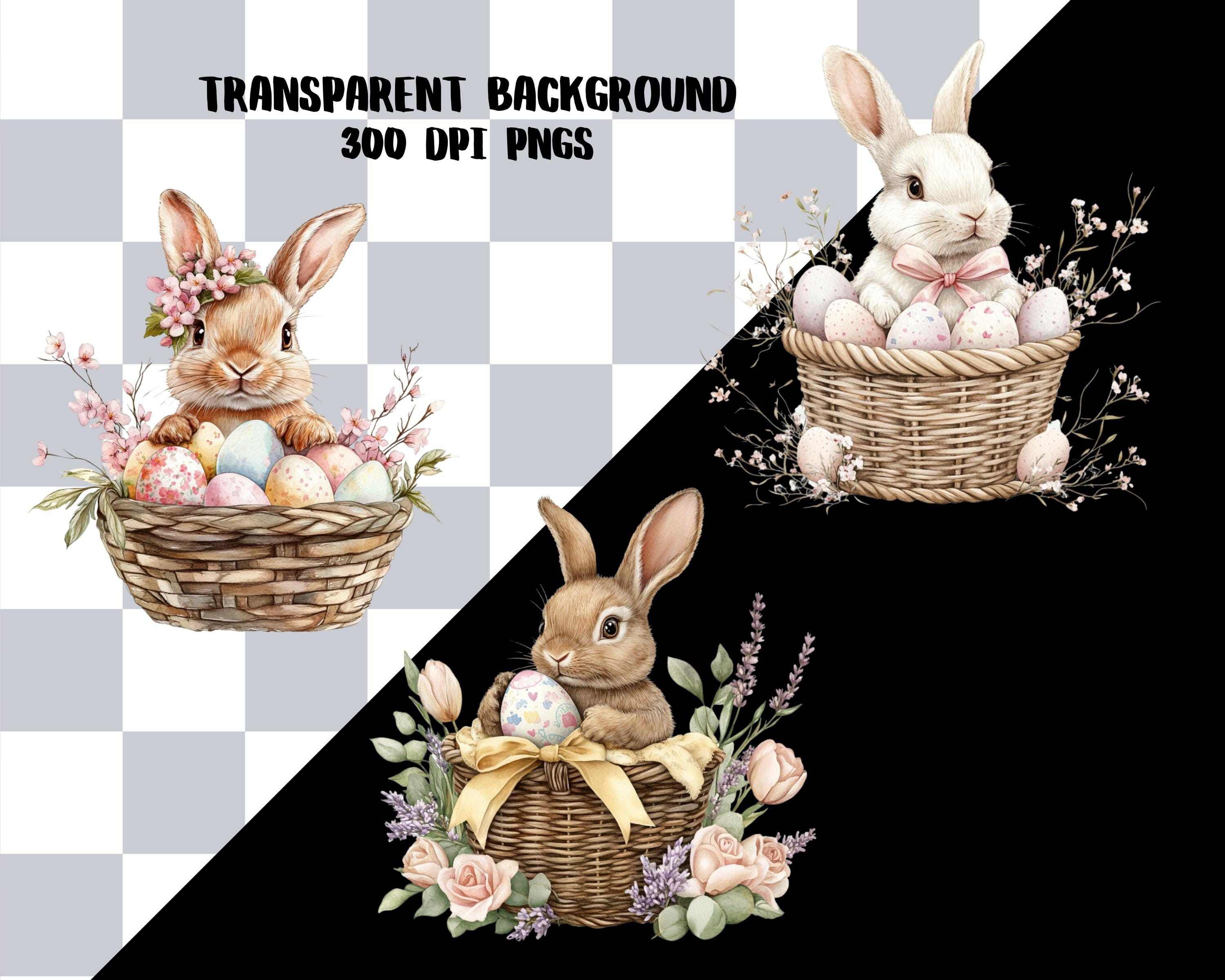 Easter Bunny Basket Watercolor Clipart, Sleepy Easter Rabbit PNG, Cute ...