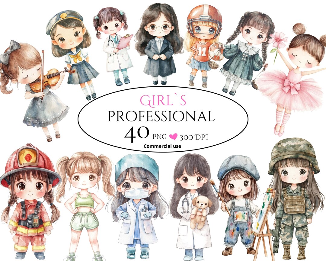 Girl Professions Clipart Bundle, Kids Graphic, Watercolor Occupations ...