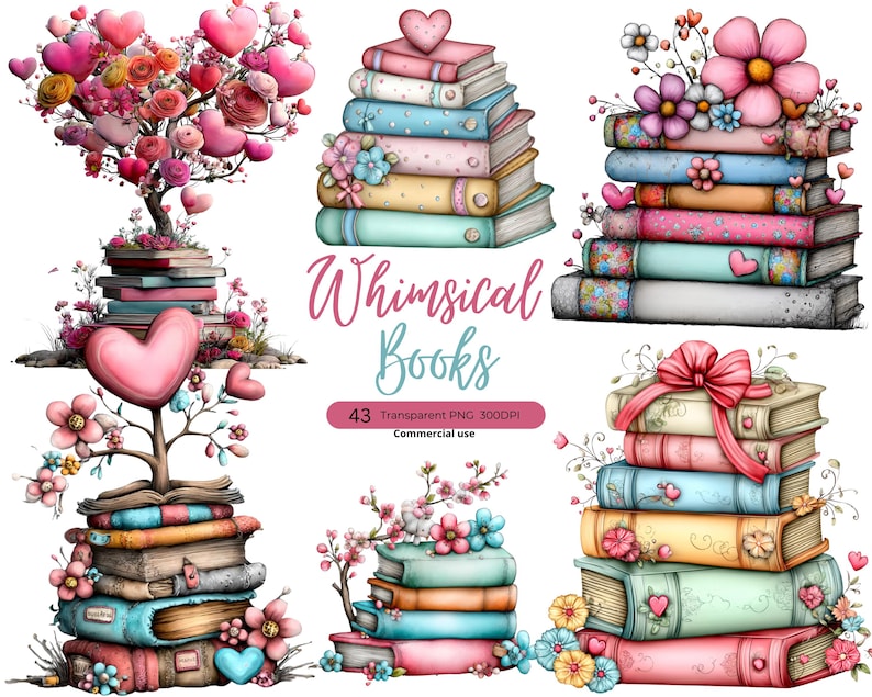Whimsical Books Clipart Bundle, Spring Book Stack, Watercolor Colorful ...