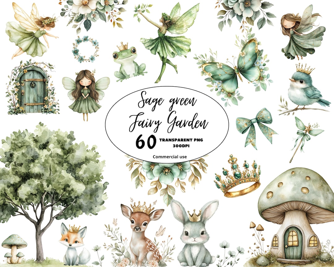 Sage Green Fairy Garden Clipart, Watercolor Forest Animals (digital ...