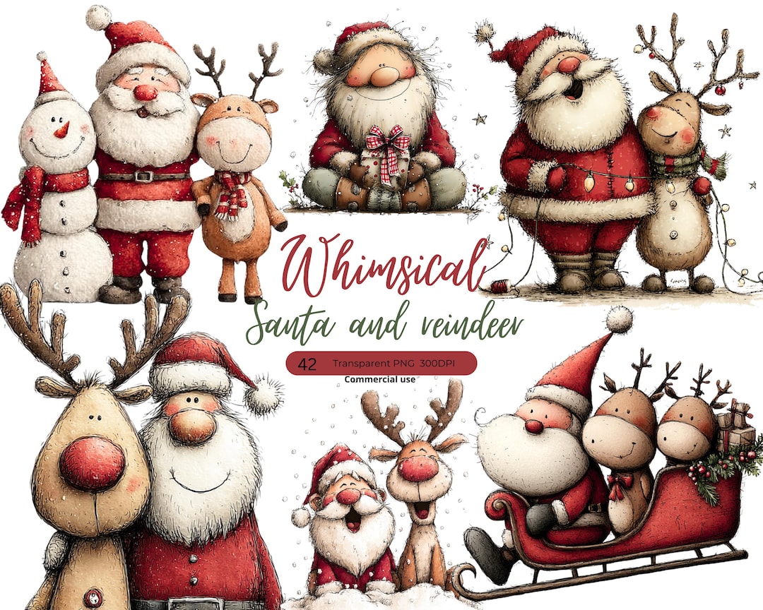 Whimsical Santa Reindeer Christmas Clipart Bundle, Festive Holiday ...