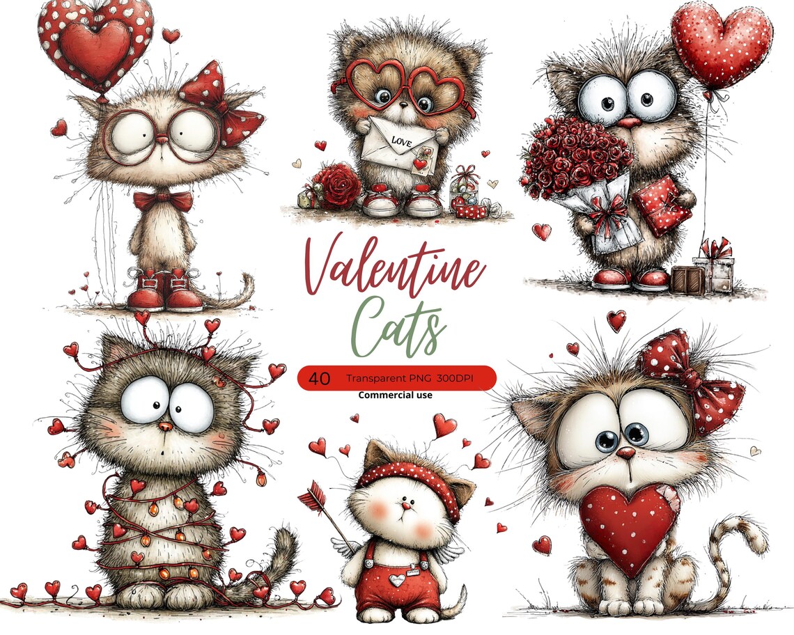 Whimsical Valentine Cats Clipart Bundle, Kitty Love Graphics, Cute ...