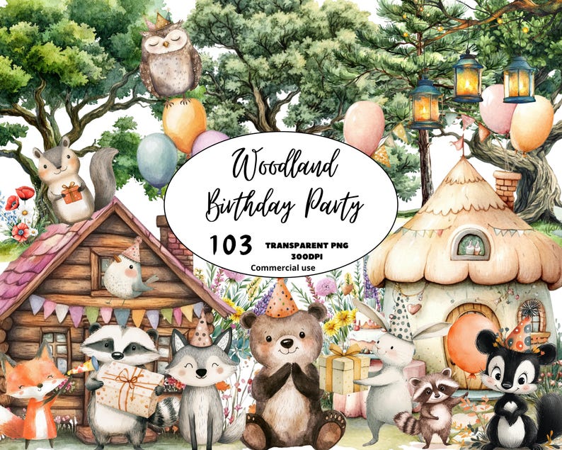Woodland Animals Birthday Party, PNG Watercolor Clipart, Celebrate With ...