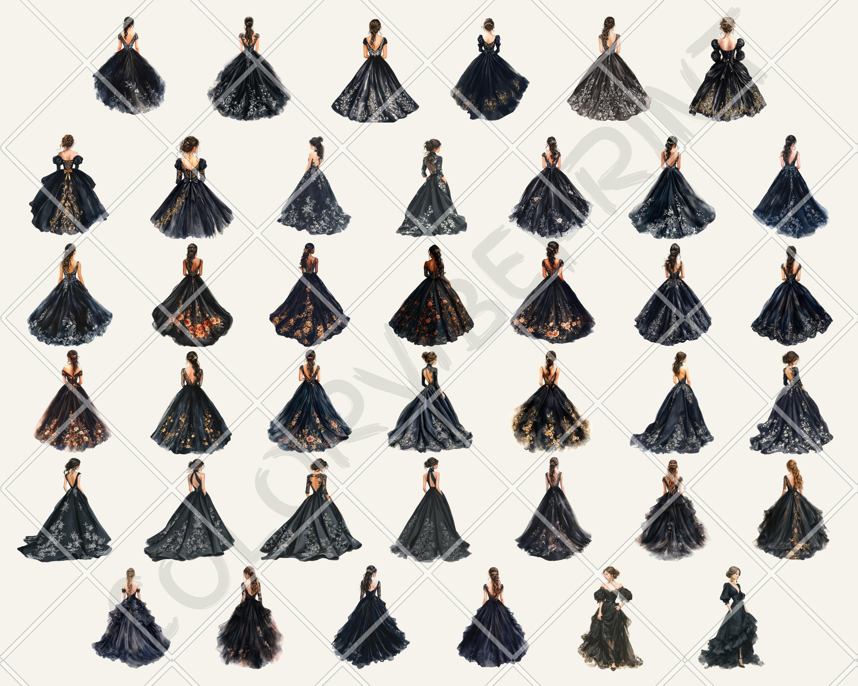 Watercolor Black Quinceanera Dress Clip Arts, Wedding Prom Dresses, DIY ...