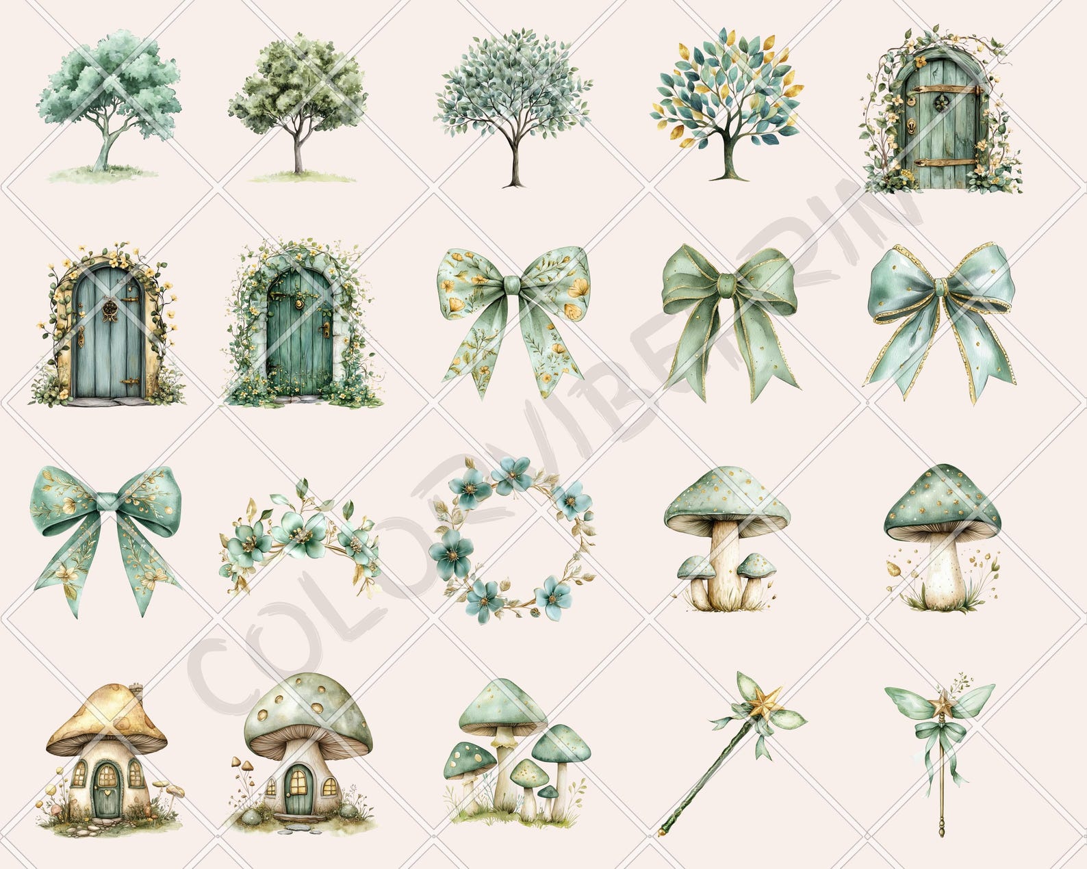 Sage Green Fairy Garden Clipart, Watercolor Forest Animals (digital ...