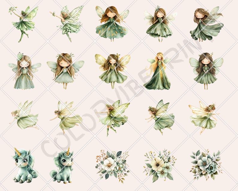 Sage Green Fairy Garden Clipart, Watercolor Forest Animals (digital ...