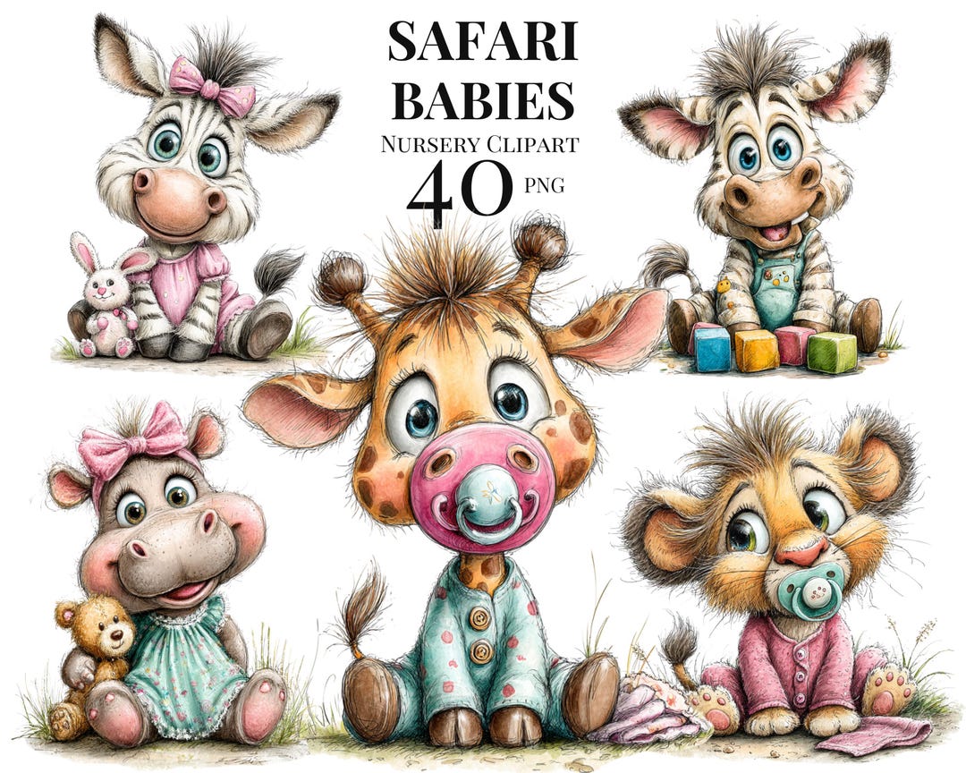 Cute Safari Baby Animals Clipart PNG, Jungle Nursery Animals Clipart ...