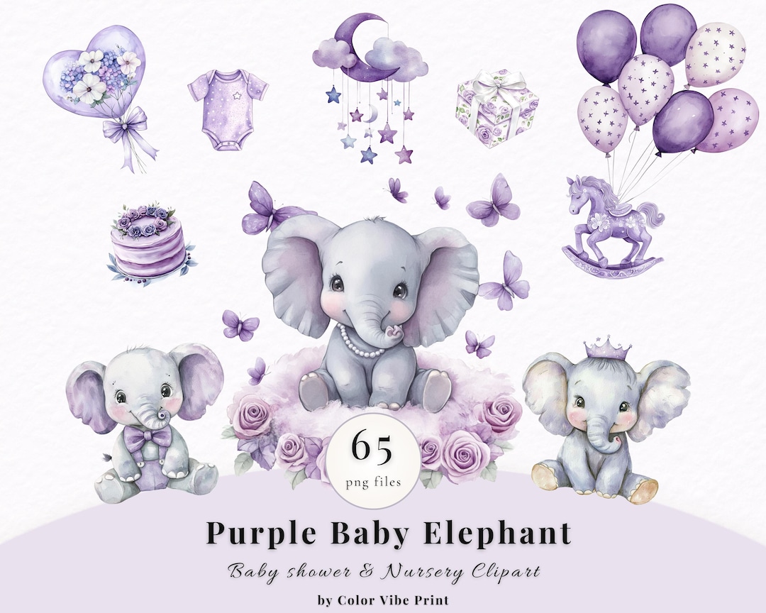 Purple Elephant Baby Shower Clipart Bundle, Watercolor Nursery Art (65 ...