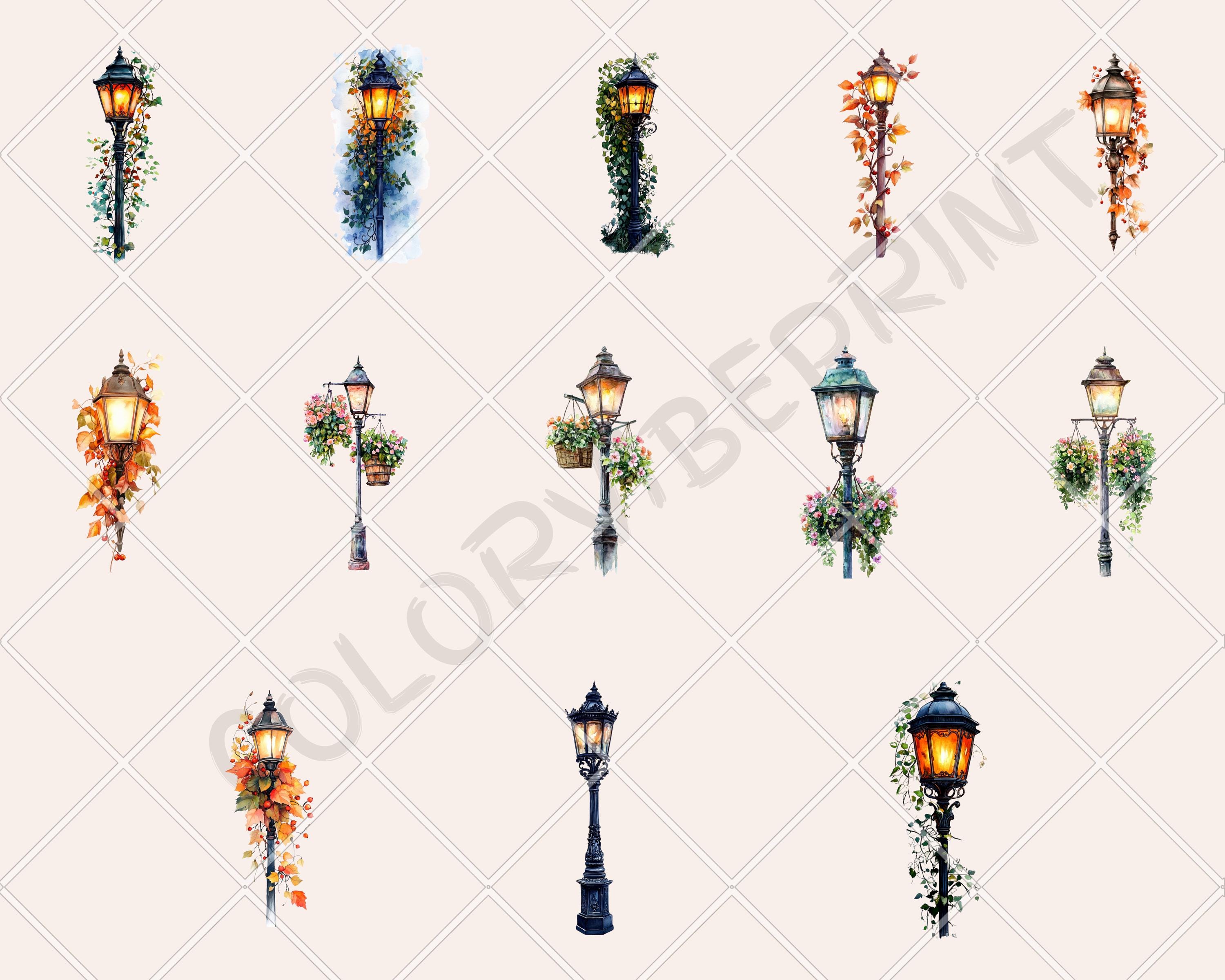 Watercolor Victorian Sreet Lamp Post Clipart Bundle, Vintage Lamp PNG ...