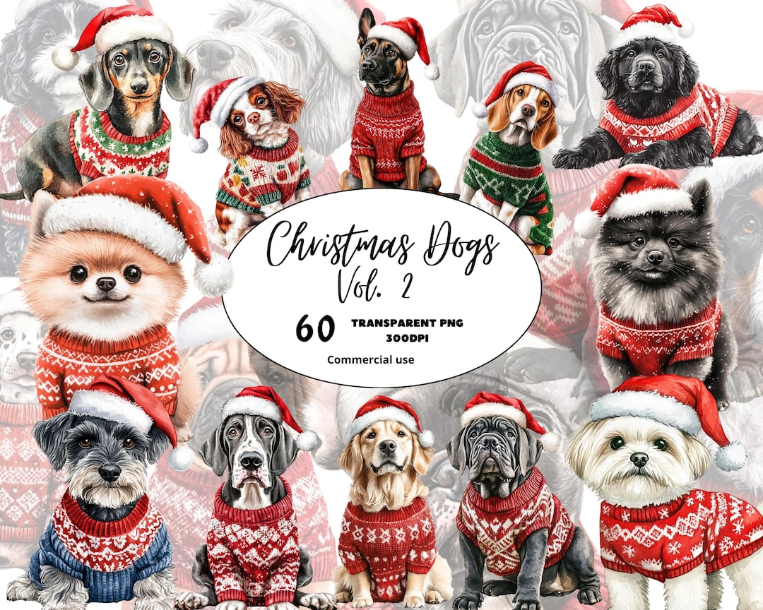 Watercolor Christmas Dogs Clipart Bundle 60 Dog Breeds PNG Images ...