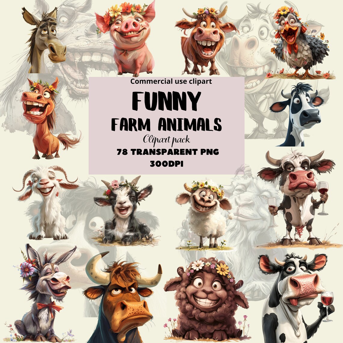 Cute and Funny Farm Animals Clipart PNG Bundle 78 PNG Cow, Goat, Pig ...