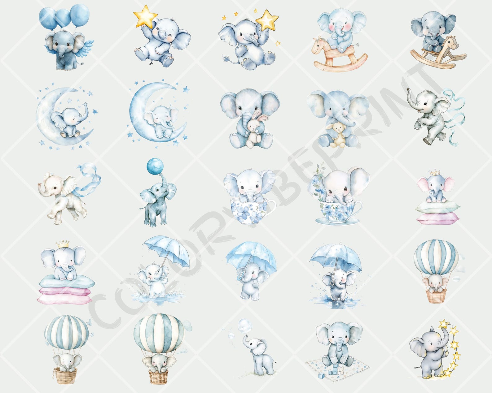 Watercolor Blue Elephant Baby Shower Clipart Bundle, Cute Baby Boy ...
