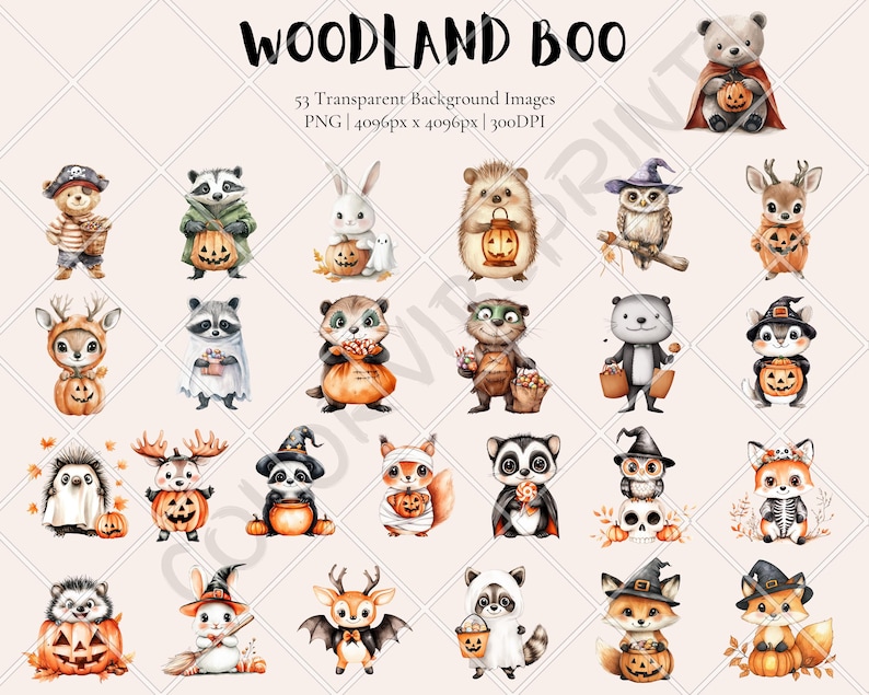 Woodland Halloween Baby Animals Clipart, Magical Forest Fox Raccoon ...