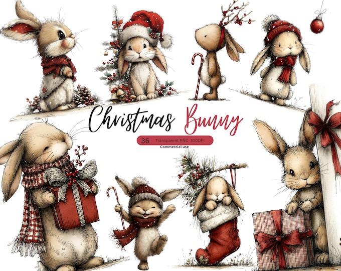16 PNG Festive Bunny Clipart – Cute Winter Rabbit PNG – Holiday Animal ...