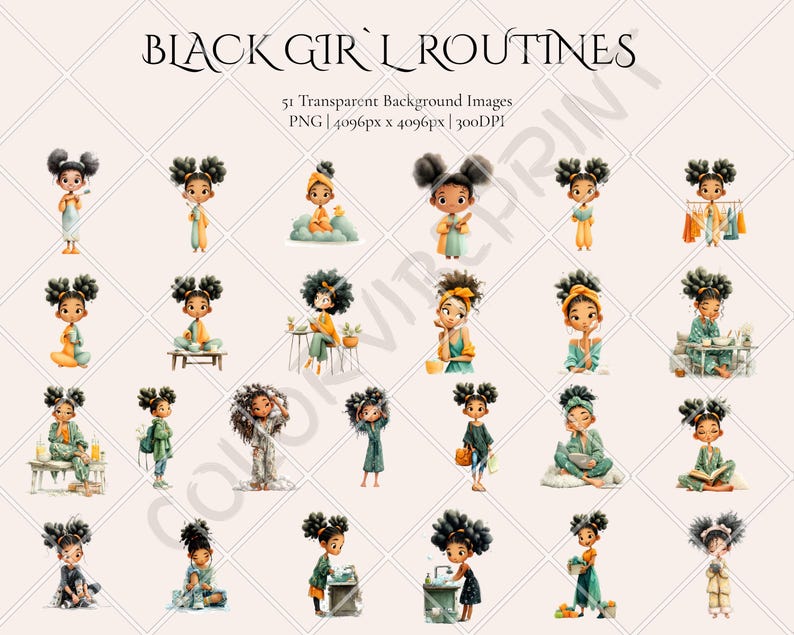 Black Girl Routines Clipart Bundle, Women's Daily Self Care PNG ...