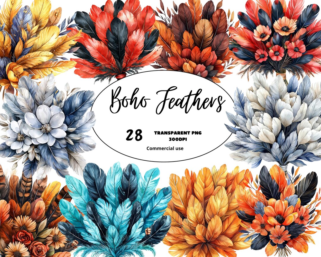Watercolor Boho Feathers Clipart Bundle, Floral Boquete Feathers PNG ...